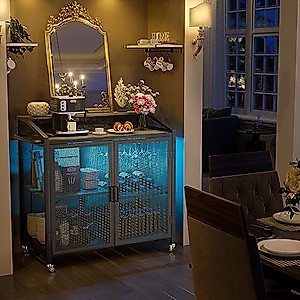 Cyclysio Sideboard Buffet Cabinet with Power Outlets, Wine Bar Cabinet with LED Lights Kitchen Cabinet Modern Accent Buffet Cabinet with Door for Bedroom, Living Room, Kitchen, Office Grey