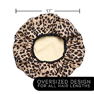 Reusable Nylon Shower Cap & Bath Cap, Reversible Oversized Waterproof Shower Caps Large Designed for all Hair Lengths w Terry Lining & Elastic Band Stretch Hem Hair Hat - Socialite Safari Spots