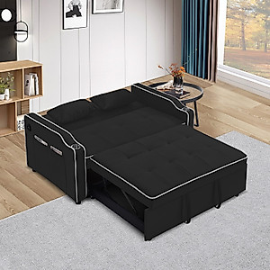 GarveeHome 3-in-1 Multi-Functional Velvet Sleeper Couch Pull-Out Bed, Loveseat Sofa Chaise Lounge with Cupholder, USB Port, Side Pocket, 2 Pillows and Adjustable Backrest, for Living Room, Black