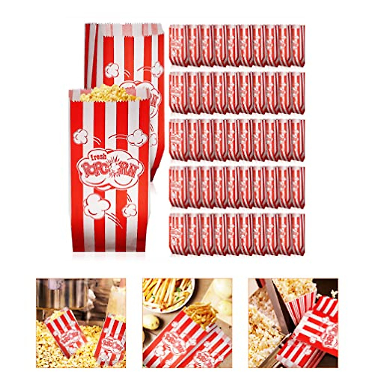 Snack Container 100 Pieces Paper Popcorn Bags Bulk, Red and White Popcorn Bags Individual Servings for Popcorn Machine Party Kitchen Party Movie Theater, Carnival Party