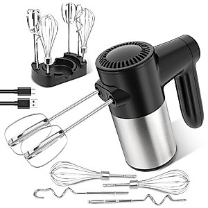 Cordless Hand Mixer, Digital Display 7 Speed Rechargeable Electric Mixer Handheld with 6 Stainless Steel Attachments Whisks Beaters Dough Hooks & Storage Base, Kitchen Blender for Baking, Eggs, Cakes