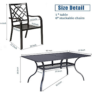 Crownland 7 PCS Furniture Patio Dining Set, 6 Stackable Metal Chairs and Rectangular Outdoor Dining Table with 1.57" Umbrella Hole, Suitable for Backyard, Lawn, Garden (Metal Tabletop)