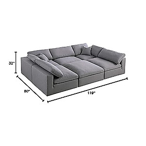 Meridian Furniture Serene Collection Modern | Contemporary Deluxe Comfort Modular Sectional, Soft Linen Textured Fabric, Down Cushions, 2 Corner + 3 Armless + 1 Ottoman, Grey