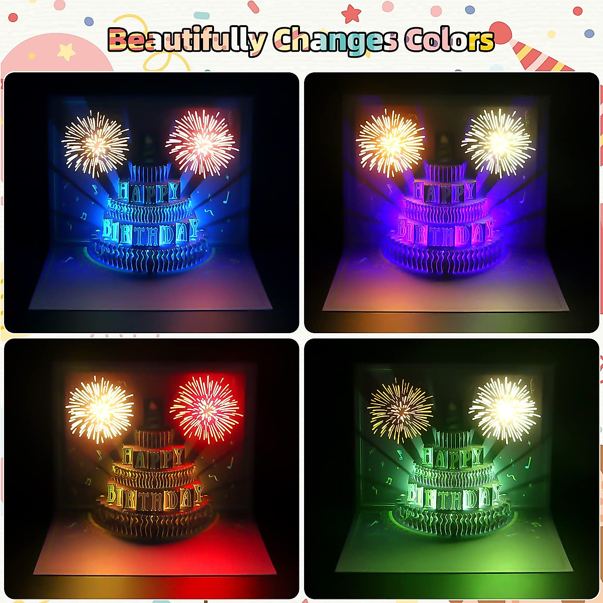 XTF2015 Happy Birthday Card, Lights & Music & Sound Fireworks Cake 3D Pop Up Birthday Card Gift with Envelope and Note Tag for Women, Men, Kids, Wife, Mom, Husband