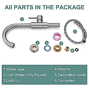 Cold Water Only Kitchen Faucet Brushed Nickel Single Handle 1 Hole 360 Degree Swivel Spout Deck Mount High Arc SUS304 Stainless Steel Sink Bar Tap Goose Neck with Hose(Drain Not Included)