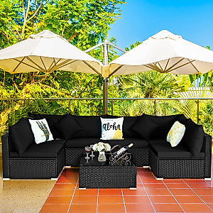 COSTWAY 7 Pieces Patio Furniture Set, Outdoor Rattan Conversation Set with 6 Seats, Coffee Tea Table, Soft Cushions, Wicker Patio Sectional Sofa for Garden Balcony Porch Poolside, Black