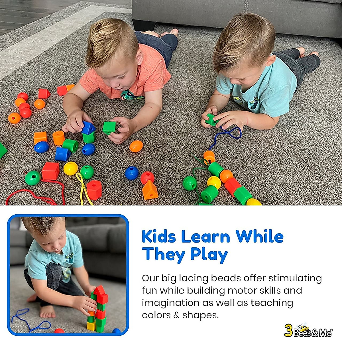 3 Bees & Me Jumbo Lacing Beads - Threading Toys for Toddlers & Kids Ages 3-5 - Fine Motor Preschool Activity with 50 Large Beads & Strings