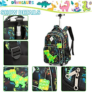 Meetbelify Rolling Backpack for Boys with Lunch Box Set Dinosaur Backpack with Wheels Kids Travel Suitcase Laptop Luggage for Boys Age 6-8