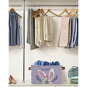 1 PCS Large Storage Basket Bins Waterproof Fabric, Easter Bunny Ear Rectangular Storage Box for Shelf Closet Organizer Cute Easter Rabbit Purple Red Spring Floral