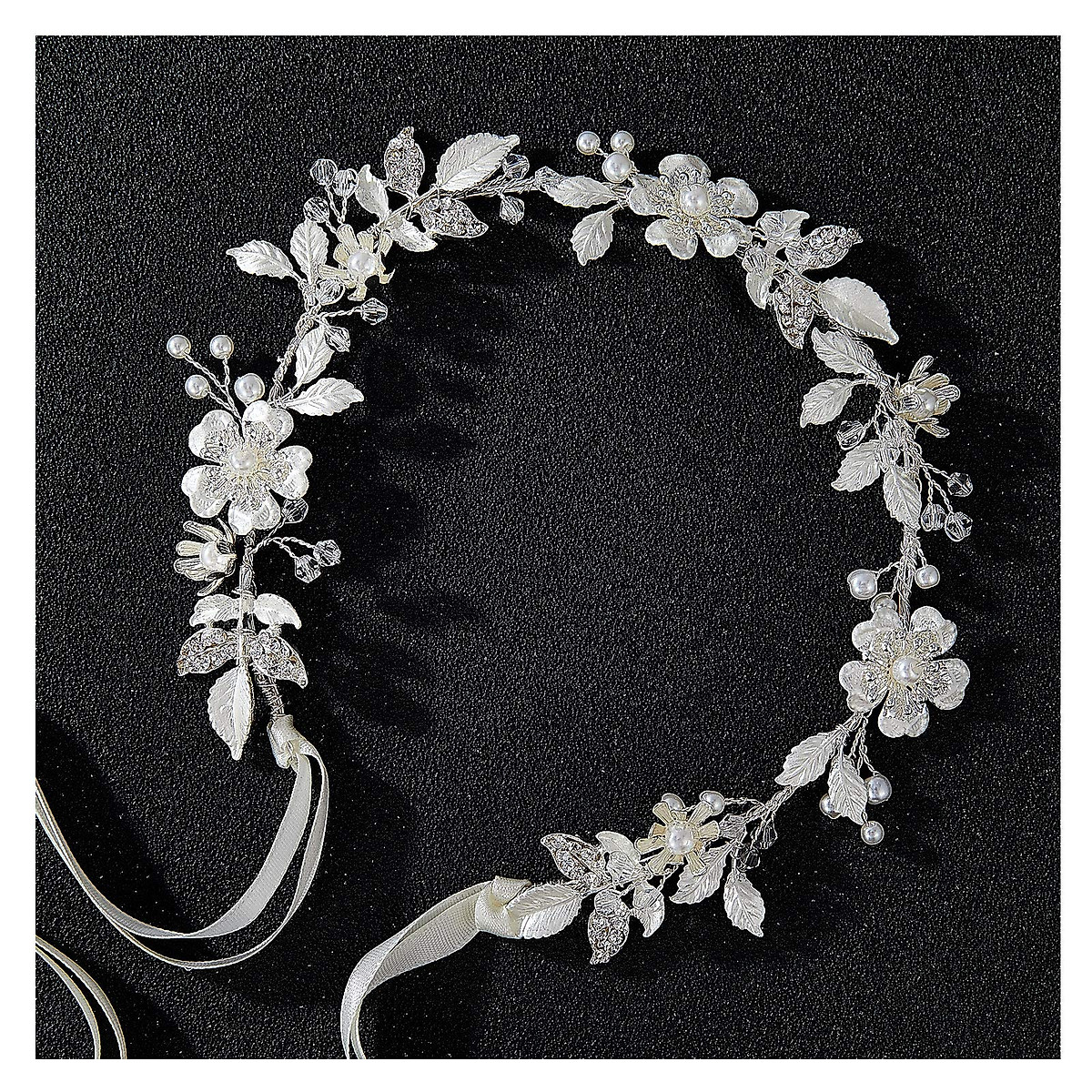 SWEETV Sliver Flower-Leaf Bridal Headpieces for Wedding Headband Bride Hair Pieces Crystal Flower Girl Hair Accessories