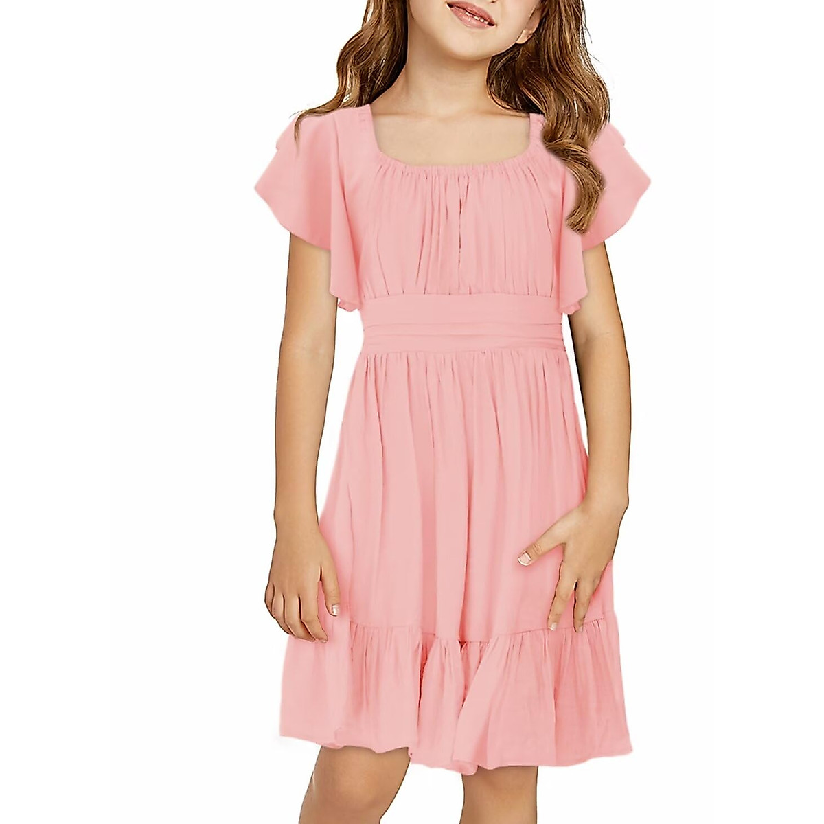 DOKOTOO KIDS Girls Summer Casual Ruffle Short Sleeve Back Tie Graduation Party Dress Pink 8-9 Years Old