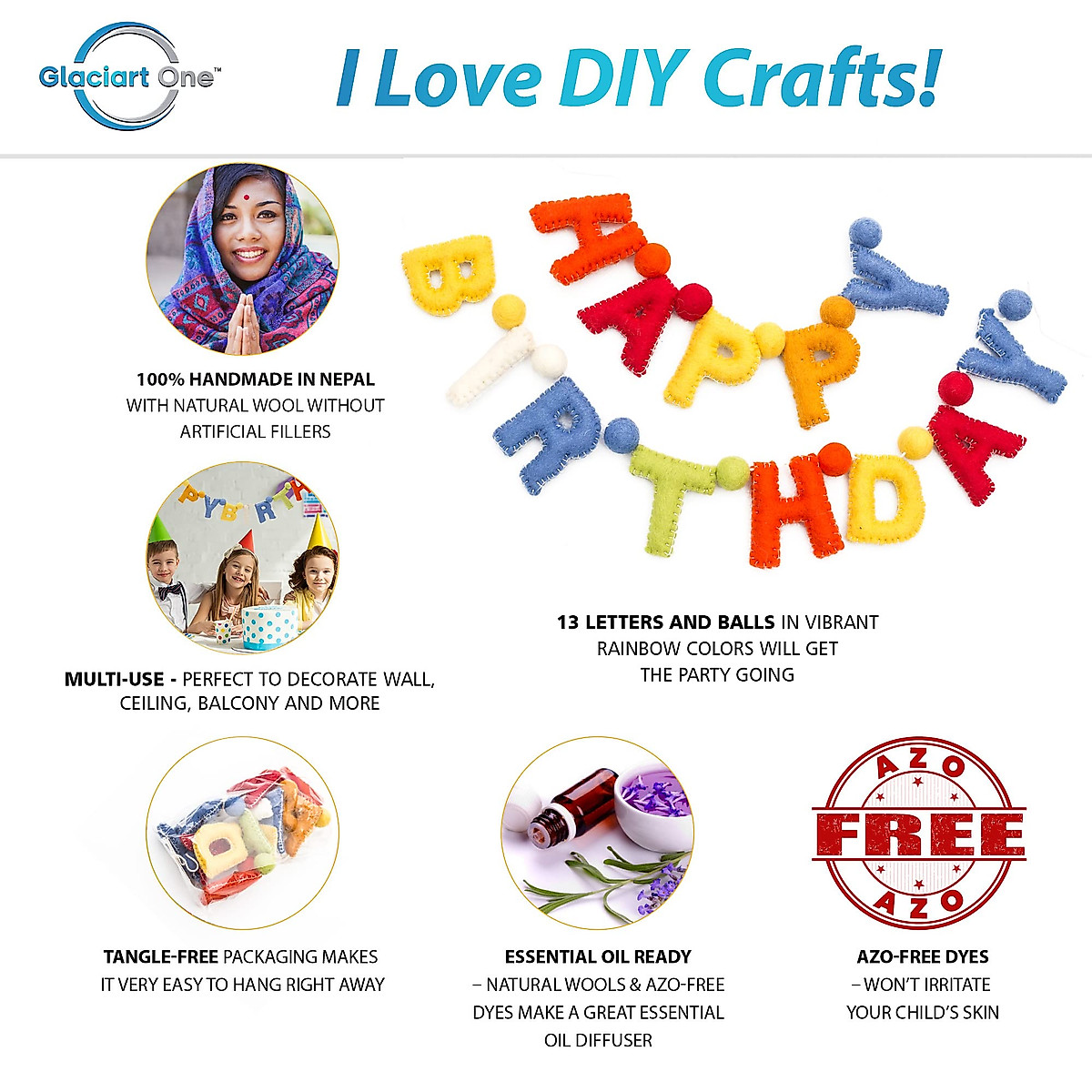 Glaciart One Happy Birthday Garland - Natural Handmade Wool Letters & Balls - Birthday Party Decorations & Party Supplies - Ready-to-Hang Art - 6Ft, Rainbow-Colored