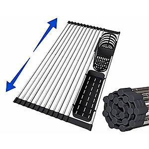 DMJWAN Roll Up Dish Drying Rack,Foldable Sink Rack with 2 Storage Baskets, Rollup & Stretchable,SUS304 Stainless Steel , for Kitchen Dishes,（Expandable Size22.8" X 12.7"）