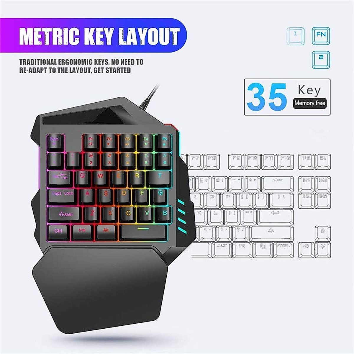 One Hand Gaming Keyboard,Wired Gaming Keyboard Backlight 35 Keys Mini LED Backlight Suitable for Games and Programming