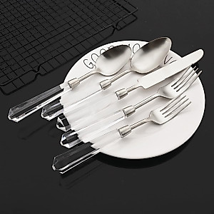 JASHII 5pcs Silver 304 Stainless Steel Flatware Cutlery Set with Transparent Acrylic Handle Diamond Shape, Matte Knife Fork Spoon Set, Dishwasher Safe for Home Wedding Hotel