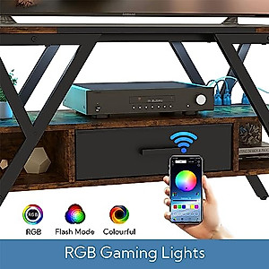 Yusong 65 inch LED TV Stand, Entertainment Center Gaming TV Table with Outlets, Up to 65" Media Console for Living Room, 29+DIY Dynamic RGB Modes, Rustic Brown and Black