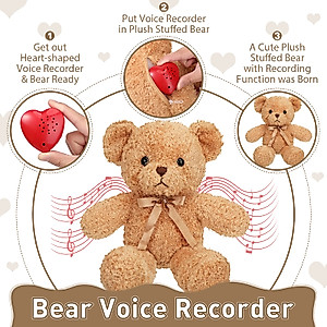 Hungdao Bear Stuffed Animal with Voice Recorder Set, 60 Seconds Voice Sound Recorder Module 16 Inch Soft Plush Bear Cute Stuffed Bear with Zipper Sound Box Recordable Heart for Boy Girl (Light Brown)