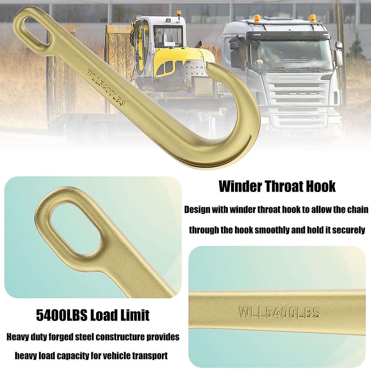 AODESTINY 2PCS 15" Heavy Duty J Hooks for Towing, Yellow Zinc Plated Tow J Hook Grade 70 Clevis J Hook for Transport Chain, 5400LBS Capacity Heavy Load