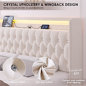 HIFIT Queen LED Bed Frame with Charging Station and 4 Storage Drawers, Velvet Upholstered Platform Bed with Handcrafted Crystal Button Wingback Headboard, Metal Frame with No Box Spring Needed, Beige