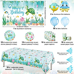 Libima 166 Pcs Sea Turtle Birthday Party Decorations Under the Sea Party Tableware Set Ocean Turtle Backdrop Banner with Blue Balloons Arch Garland Kit for Underwater Animal Baby Shower Party Supplies
