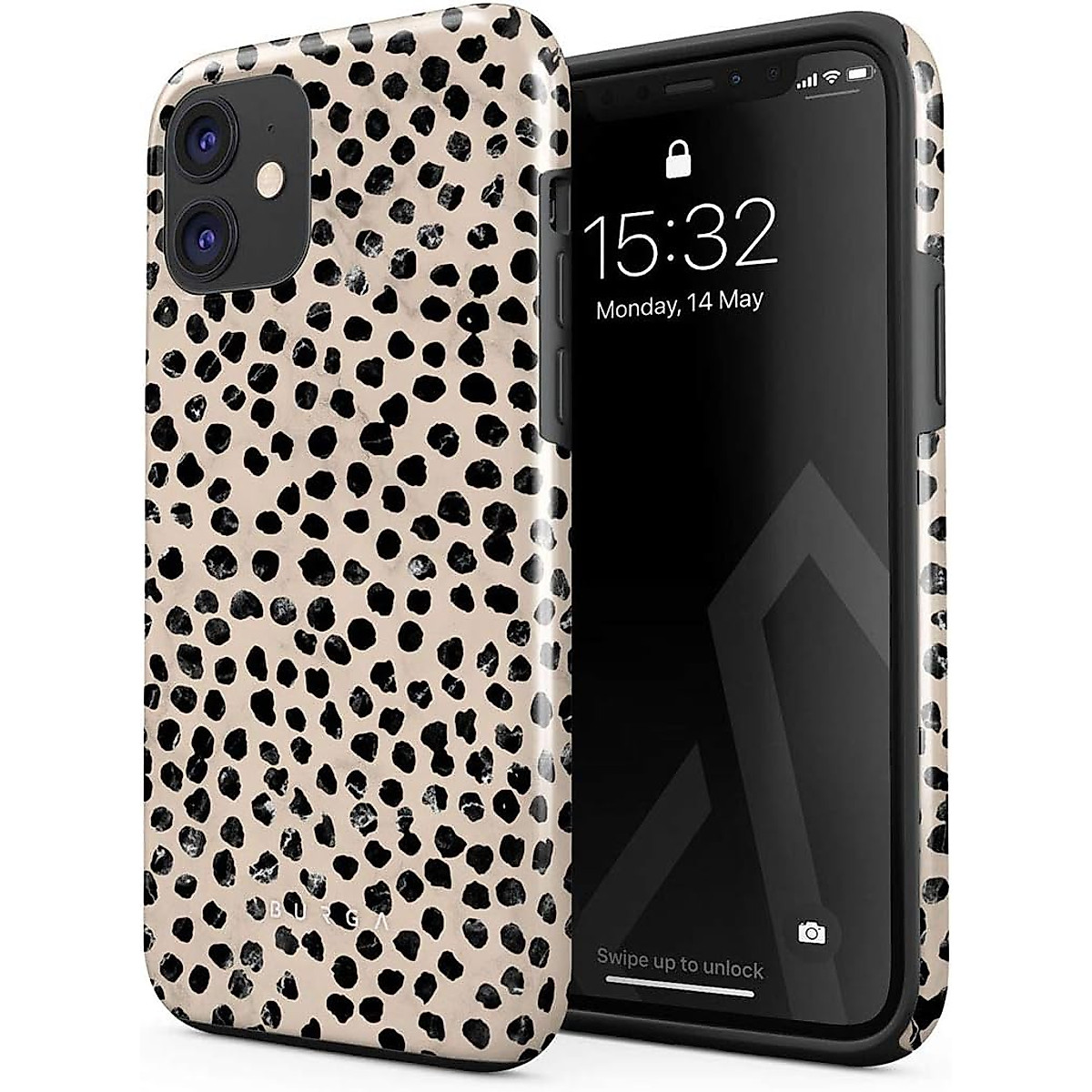 BURGA Phone Case Compatible with iPhone 11 - Hybrid 2-Layer Hard Shell + Silicone Protective Case -Black Polka Dots Pattern Nude Almond Latte - Scratch-Resistant Shockproof Cover