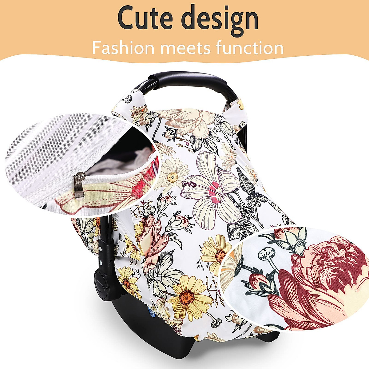 Floral Baby Car Seat Cover for Girl,Infant Carseat Canopy Sun Cover，Baby Carrier Cover with Zipped Peep Windows and Breathable Mesh, Stretchy 3in1Multi-use Stroller Cover