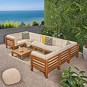 Great Deal Furniture Dawson Outdoor U-Shaped Sectional Sofa Set with Coffee Table - 9-Piece 8-Seater - Acacia Wood - Outdoor Cushions - Teak and Beige