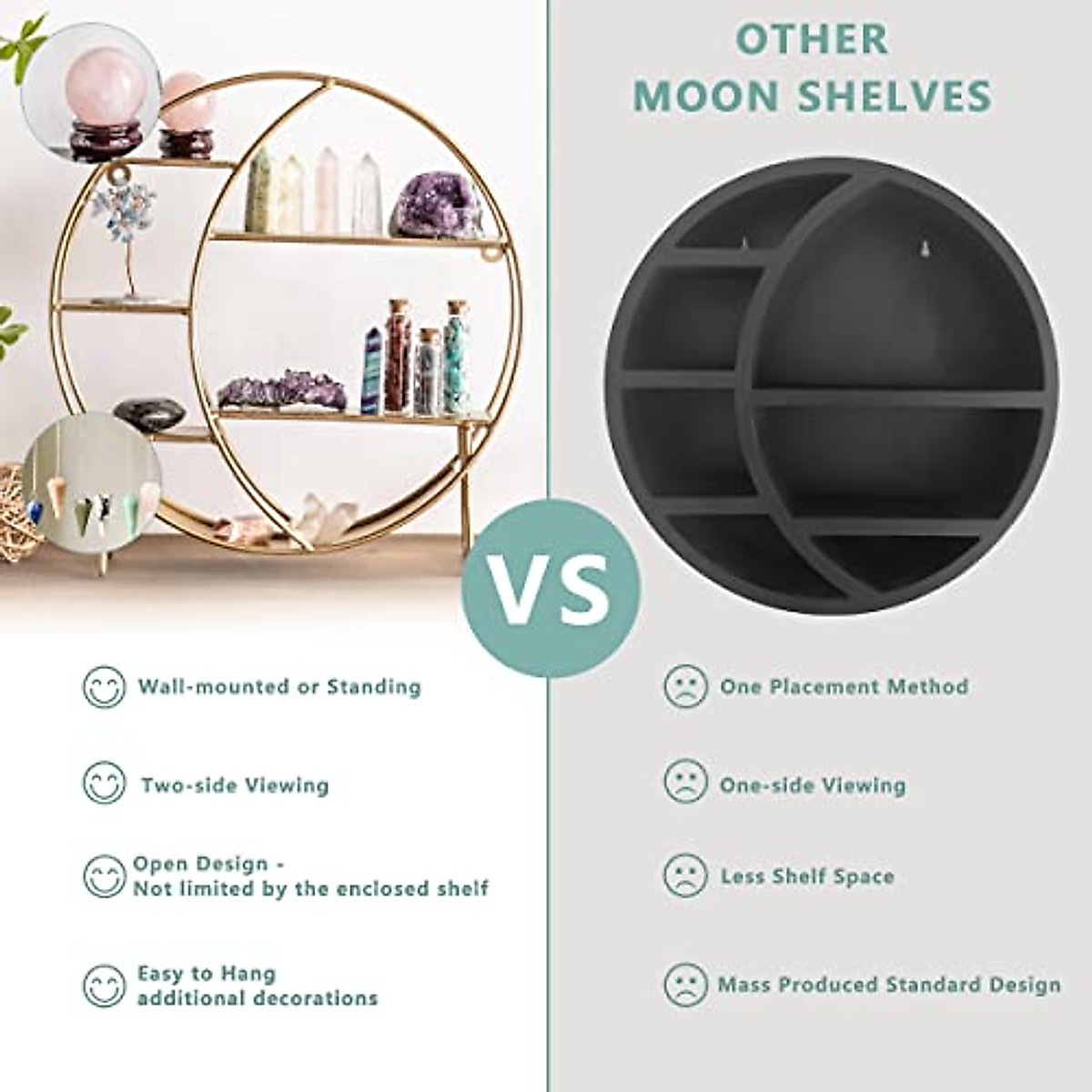 Apresolar Moon Shelf for Crystals - Circle Shelf Wall Decor for Wall and Countertop - Crystal Shelf Display for Stones, Essential Oil, Pendulum - Boho Hanging Moon Shelves, Wiccan Decor (Matte Gold)