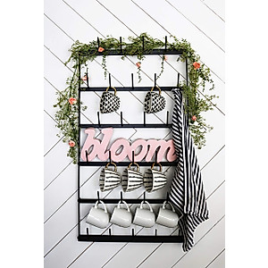 Wall Mounted Coffee Mug Rack - Large Rustic Black Iron Steel Kitchen Rack with 6 Rows - Storage for 27 Cups - Jar & Plate Holder - Vertical Display Organizer - Farmhouse Home Décor - Claimed Corner