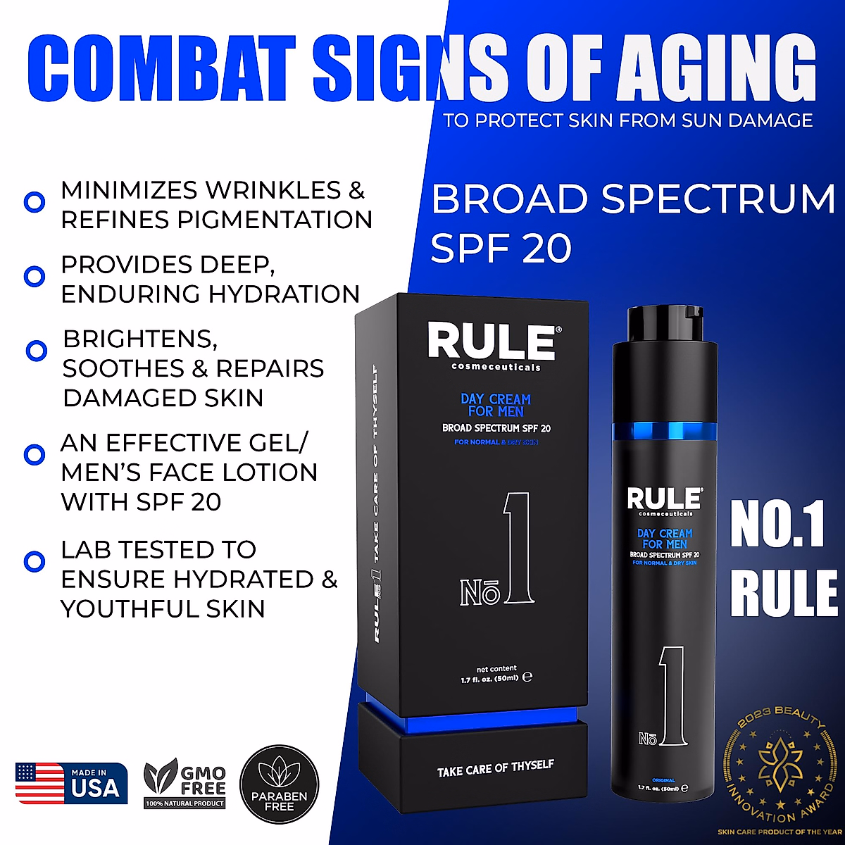 RULE COSMECEUTICALS - No.1 Day Cream, Face Moisturizer for Men, SPF 20, 10-in-1 Men’s Face Cream, Sunscreen for Normal to Dry Skin, Men’s Grooming, Collagen, Vitamin B, C, E, 50 mL