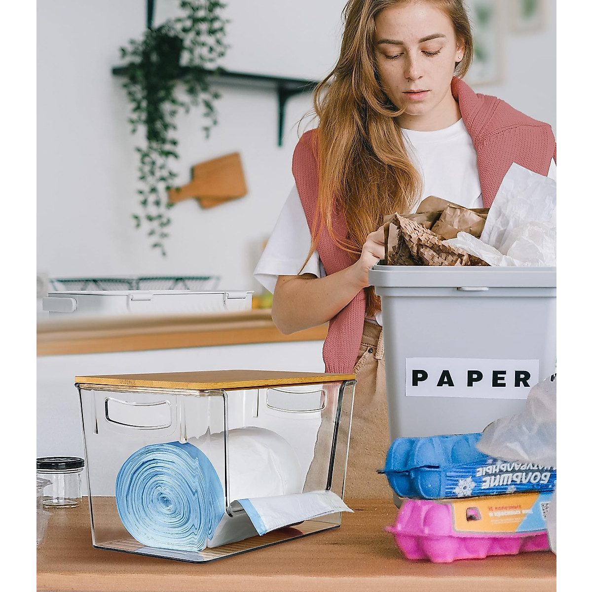 Extra Large Trash Bag Holder, Acrylic Garbage Bag Holder Dispenser with Lid for Kitchen and Under Sink