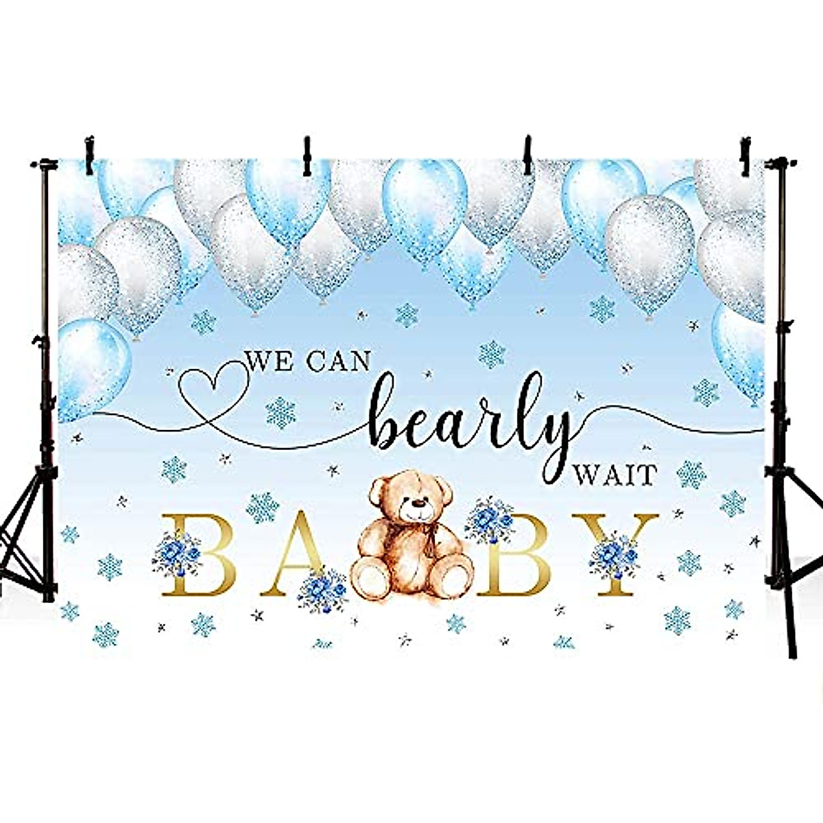 MEHOFOND 7x5ft Winter Snowflake Bear Boy Baby Shower Backdrop We Can Bearly Wait Bear Blue and Silver Balloons Photography Background Party Decor Cake Table Decor Banner Photo Booth