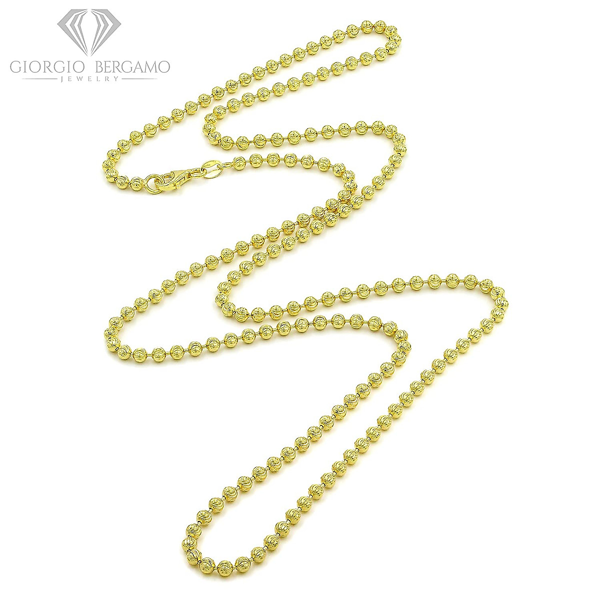 Giorgio Bergamo 925 Italian Sterling Silver 3mm Ball Bead Moon Cut Chain, Yellow Gold Dog Tag Solid Necklace, (20)