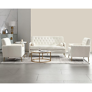 Guyou 60'' Loveseat Sofa Couch, White Sherpa Upholstered 2-Seat Love Sofa Chair with Arms for Living Room Tufted Small Couch Sofa with Removable Cushion and Gold Legs
