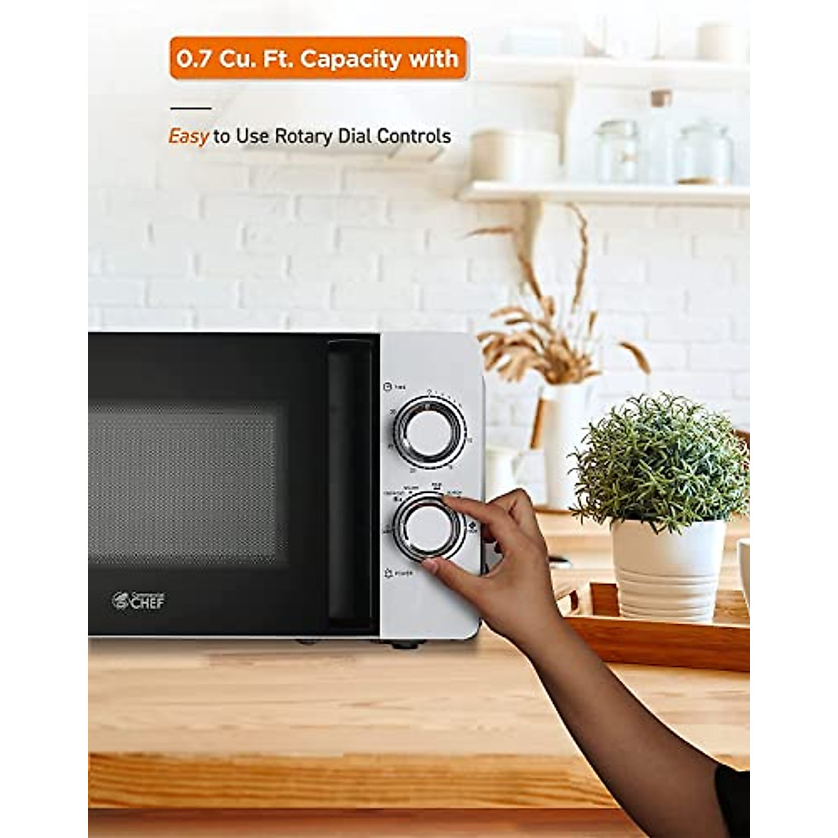 COMMERCIAL CHEF Small Microwave 0.7 Cu. Ft. Countertop Microwave with Mechanical Control, White Microwave with 6 Power Levels, Outstanding Portable Microwave with Convenient Pull Handle
