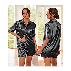 Ekouaer Satin Pajamas for Women Soft Short Sleeve Nightwear Button Down Pjs with Shorts Summer Silk 2 Piece Set Black,Medium
