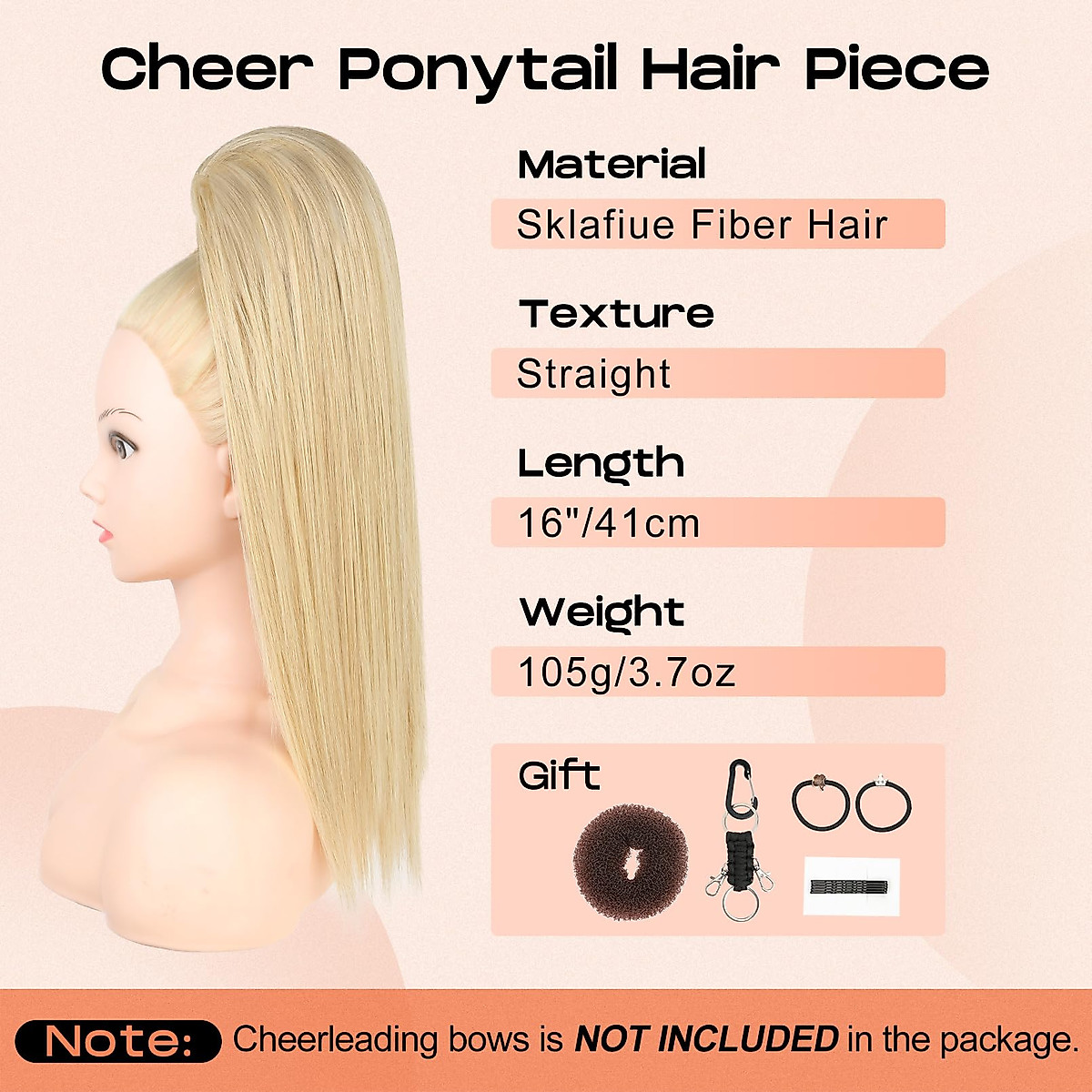 SEIKEA Cheer Ponytail Hair Piece, 16" Champagne Blonde Straight Cheerleader Hairpiece Ponytail Extension for Cheerleader Competition, Dance