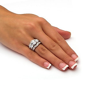 PalmBeach Sterling Silver Round Cubic Zirconia 3 Piece Scalloped Bridal Ring Set Sizes 6-10 Size 10