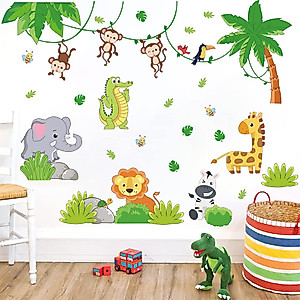 Runtoo Jungle Animal Wall Decals Monkey Elephant Giraffe Wall Stickers for Kids Bedroom Baby Nursery Wall Decor