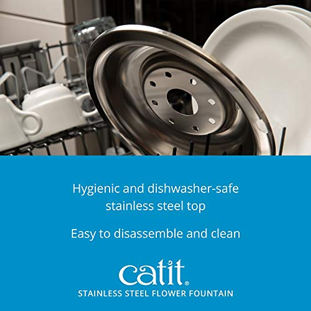 Catit Stainless Steel Flower Fountain with Triple Action Filter, Cat Drinking Water Fountain, 3 L