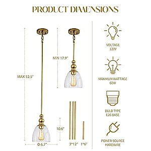 HANASS Pendant Lights, Brushed Gold Pendant Lighting for Kitchen Island, Clear Glass Pendant Light Fixtures, Hanging Light Fixtures with Adjustable Height, MD89426-A