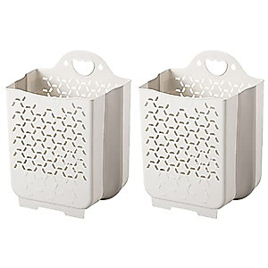 LUOZZY 2 Sets Portable Laundry Basket Collapsible Laundry Basket Wall Mount Folding Laundry Basket, White