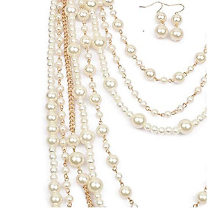 Askana Women's Vintage Retro Classic Style 1920s Fashion Faux Simulate Pearls White Beads Long Multi-layer Layered Statement Strands Necklace with Earrings