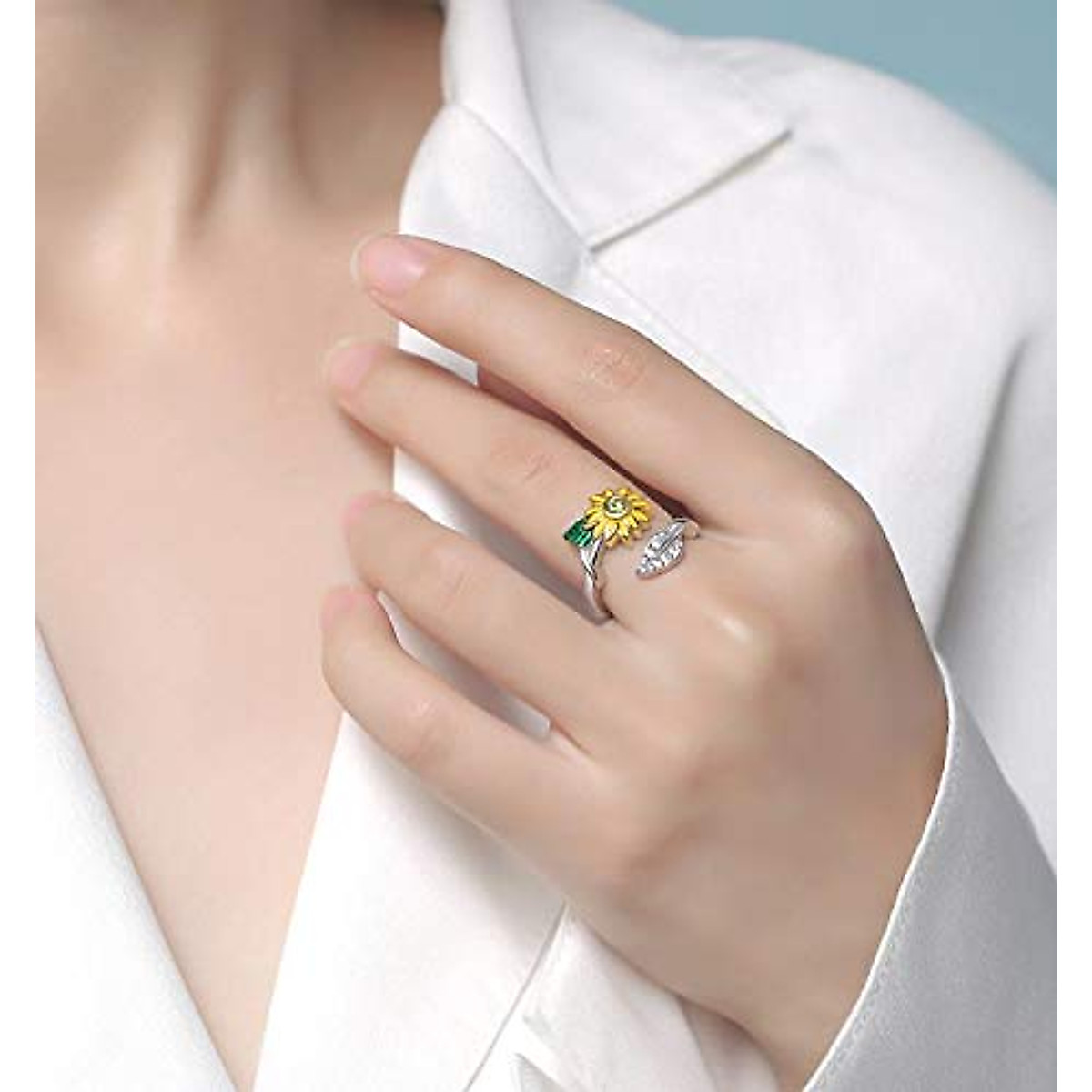 Hewayiu You are My Sunshine Sunflower Enameled CZ Heart Stainless Steel Ring Promise Eternity Band Cocktail Party Rings Adjustable Size 5-10