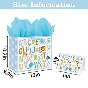 13" Large Baby Boy Gift Bag with Tissue Paper and Greeting Card for Baby Shower Birthday (ABC Alphabet Animal)