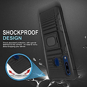 TJS Phone Case Compatible with Samsung Galaxy A20/Galaxy A30, [Tempered Glass Screen Protector] Belt Clip Holster Resistant Magnetic Support Hybrid Kickstand Heavy Duty Cover (Black)