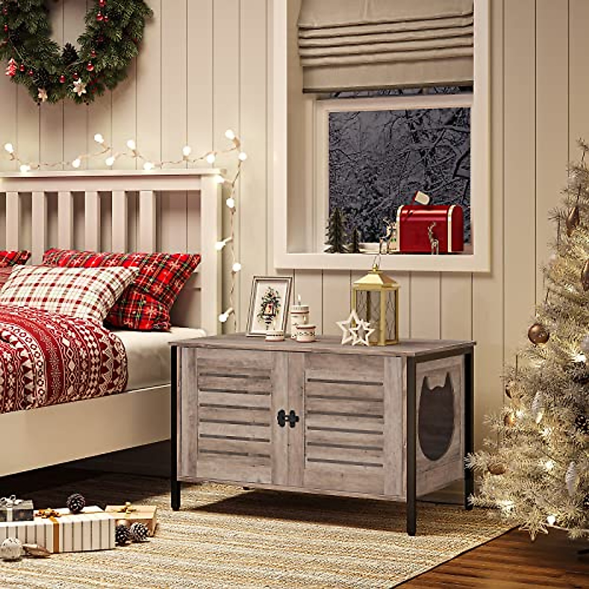 HOOBRO Cat Litter Box Enclosure, Hidden Litter Box Furniture with Shutter Door and Cat Head Mat, Cat Entrance Can Be on Left or Right, Cat Washroom Fit Most of Litter Box, Greige BG06MW01