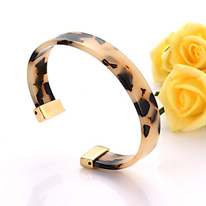 Open Cuff Bracelet Statement Acrylic Resin Lucite Cuff Bracelet Minimalist Tortoise Shell Bangles Bracelet Adjustable Lightweight Bangle (Leopard)
