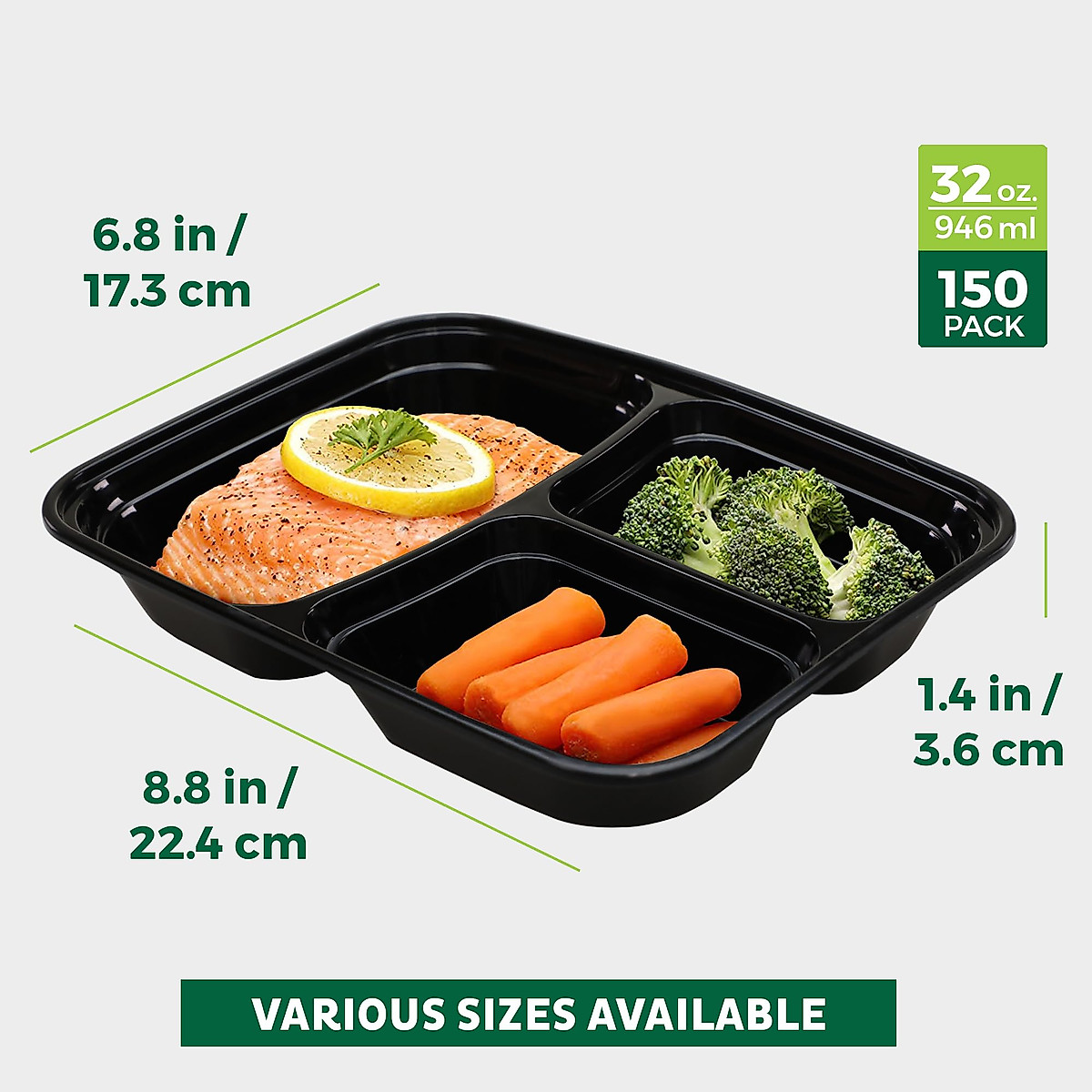 Freshware Meal Prep Containers [150 Pack] 3 Compartment with Lids, Food Containers, Lunch Box, Stackable, Bento Box, Microwave/Dishwasher Safe (32 oz)