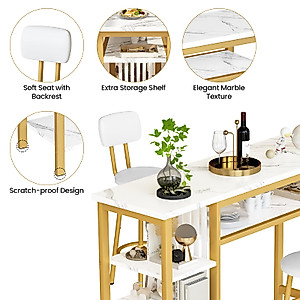 AWQM Bar Table Set of 2 with Storage Shelves, 47" White Faux Marble Dining Set with 2 Upholstered Counter Height Backrest Chairs, 3-Piece Dining Set for 2, Space Saving Table for Home & Kitchen